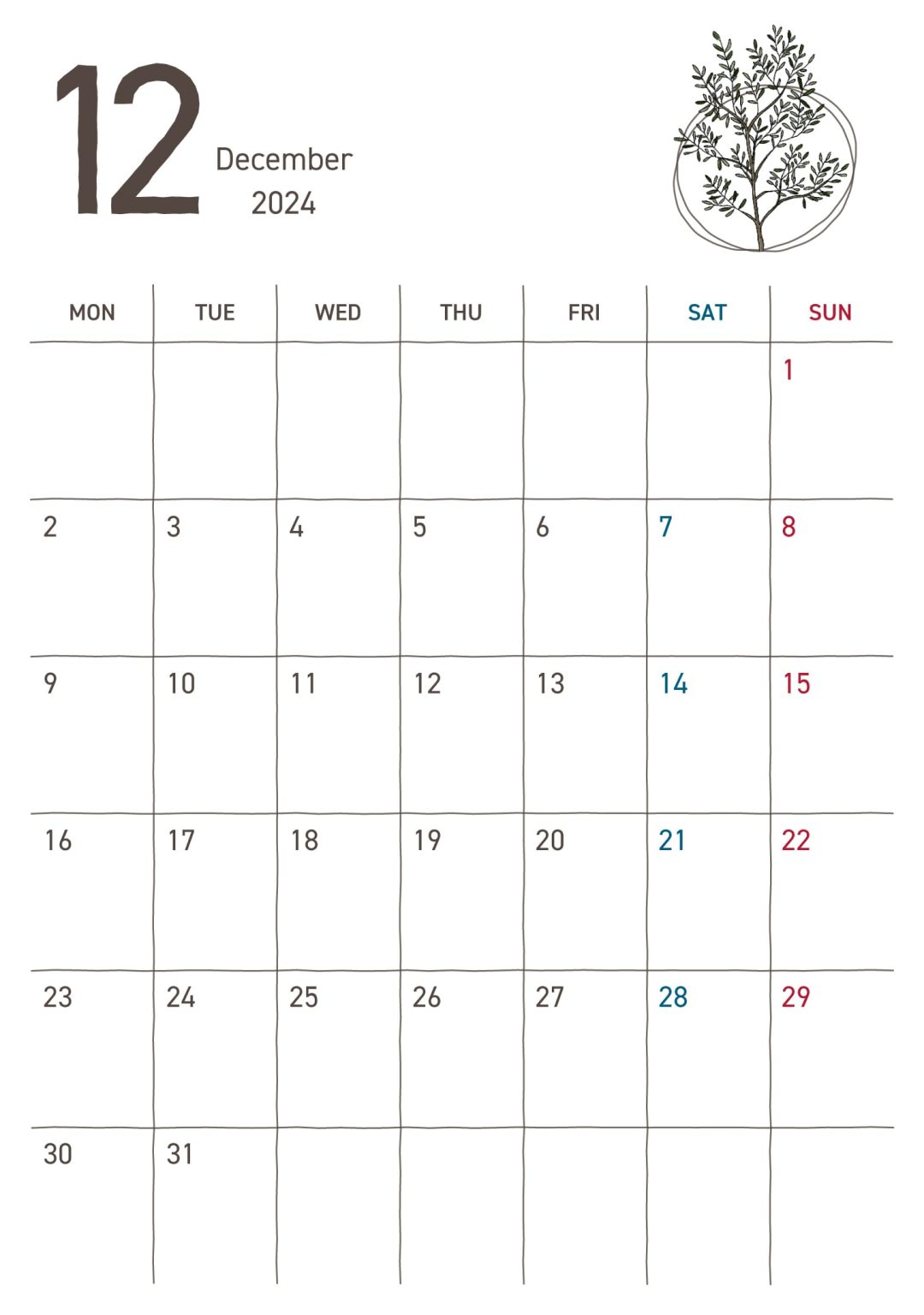 B6カレンダー｜2024年12月｜フリー素材 - GreenStock40