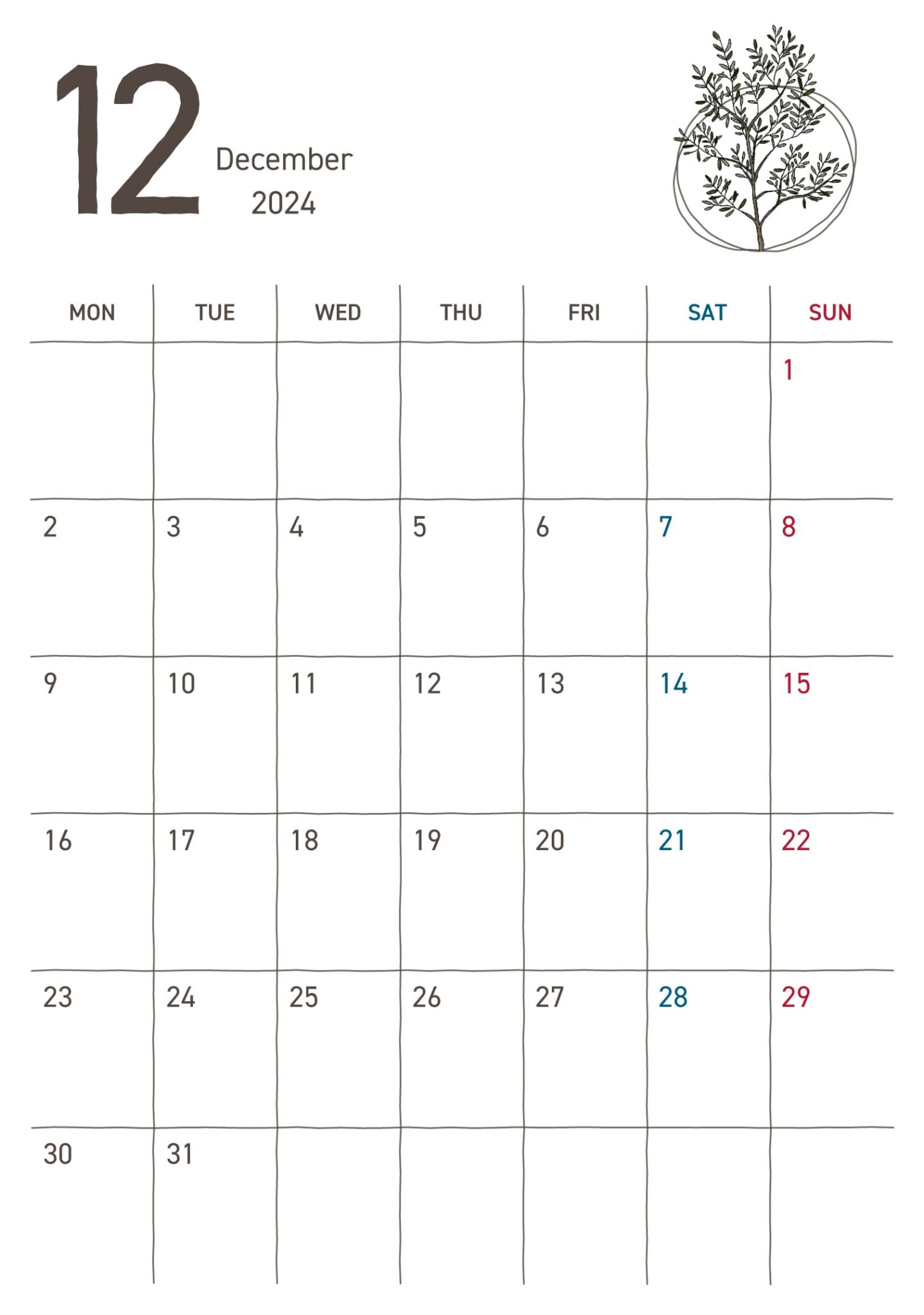 B6カレンダー｜2024年12月｜フリー素材 - GreenStock40